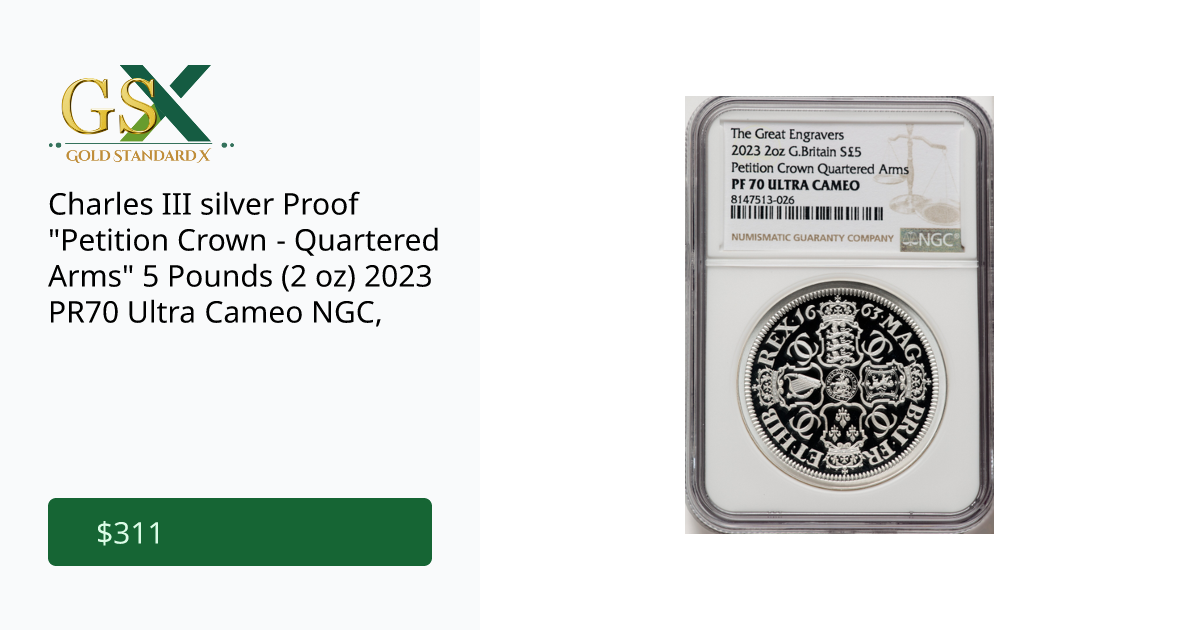 Charles III silver Proof "Petition Crown - Quartered Arms" 5 Pounds (2 ...